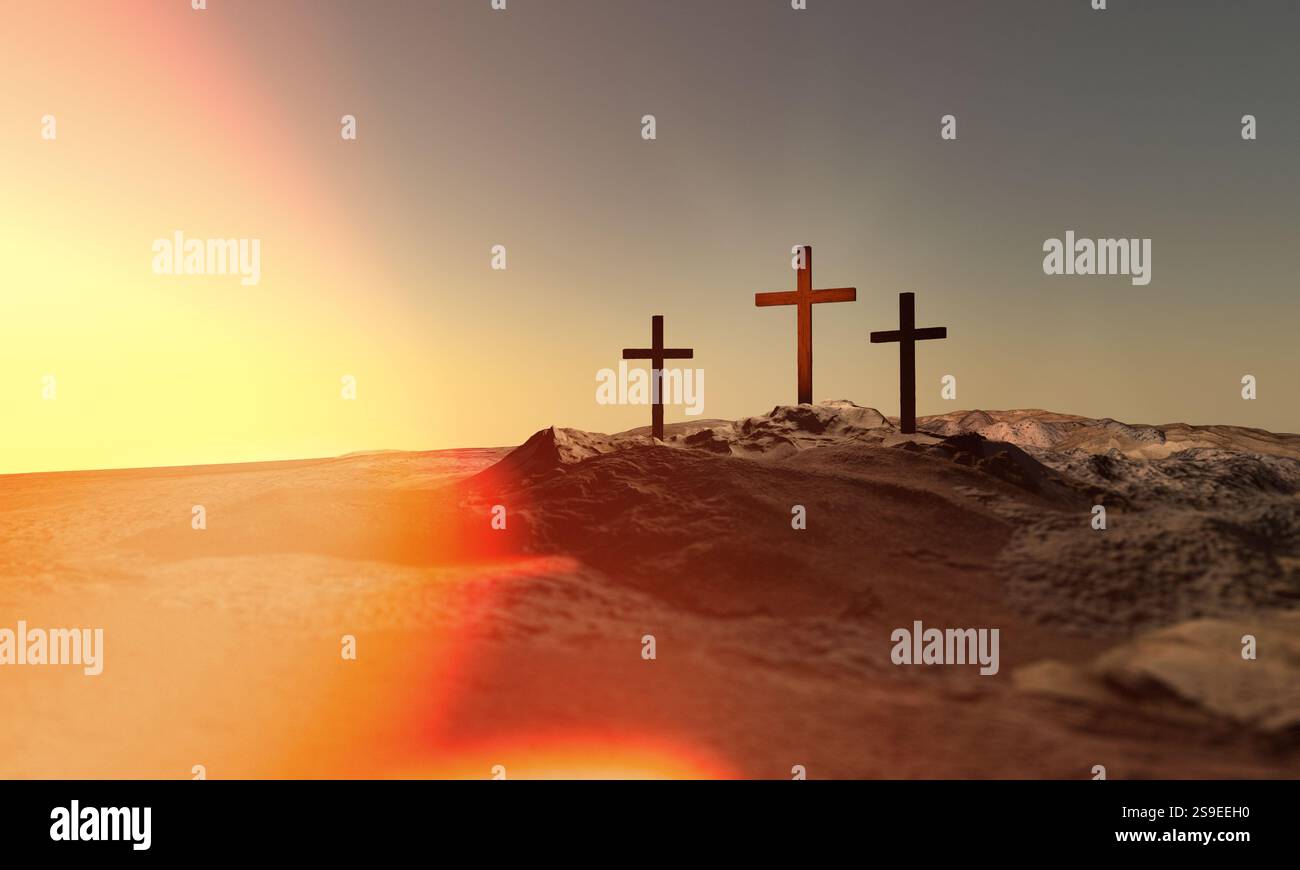 Christian croses on hill outdoors at sunrise. Calvary crucifixion. 3D ...