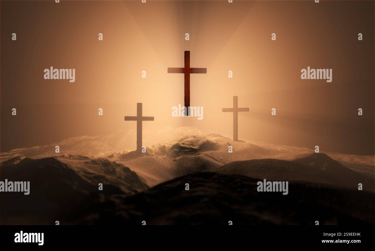 Christian croses on hill outdoors at sunrise. Calvary crucifixion. 3D ...
