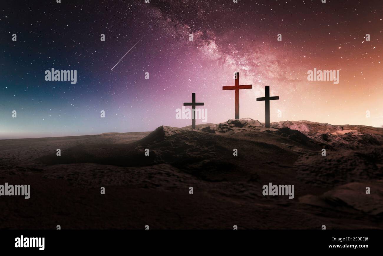 Christian croses on hill outdoors at sunrise. Calvary crucifixion. 3D ...