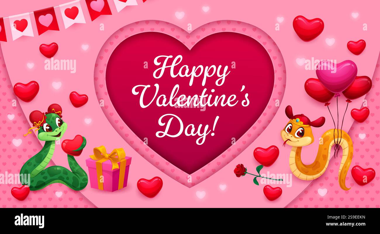 Paper cut Valentine Day banner with snakes in love and vector 3d ...