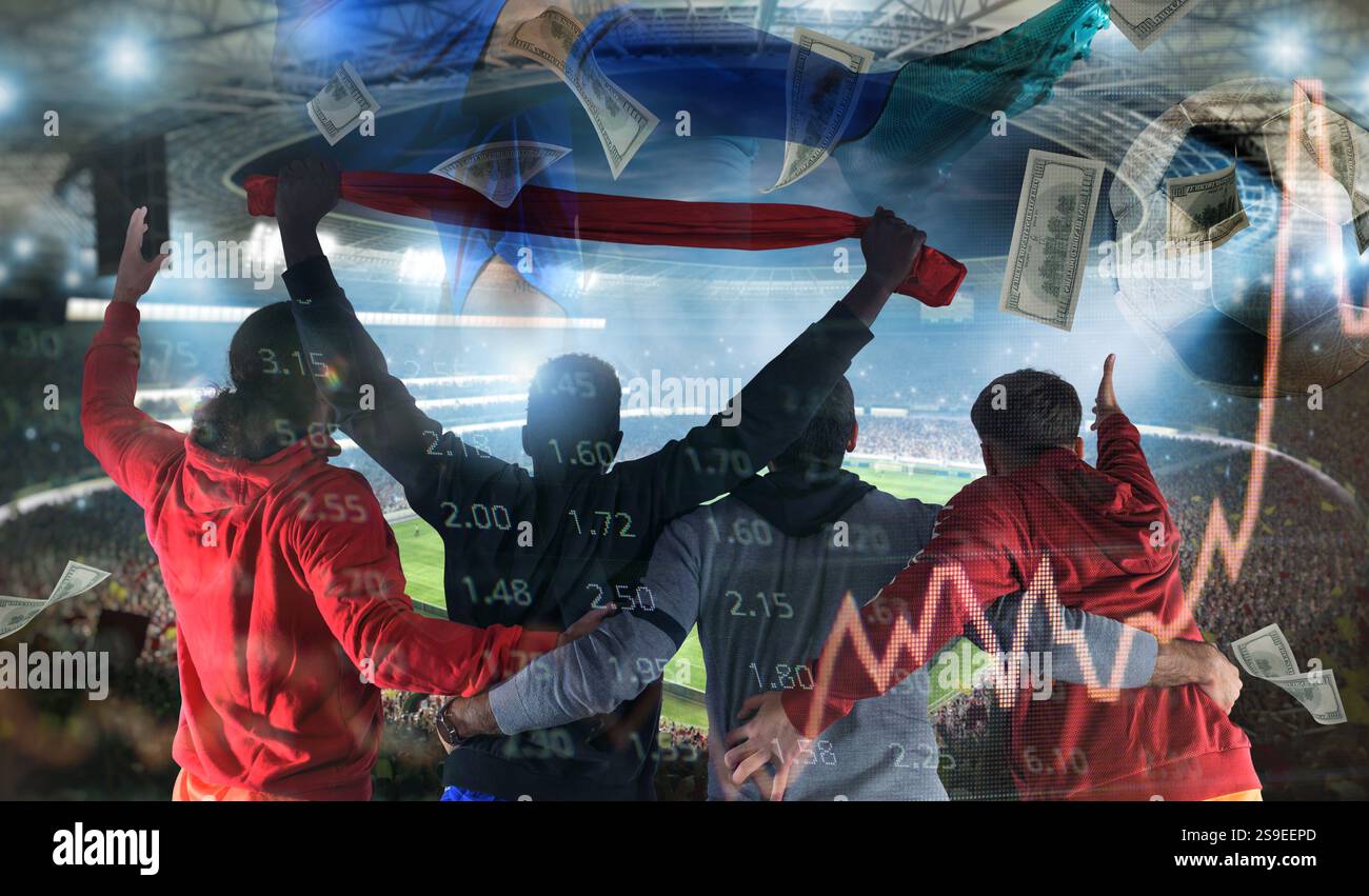Football scene at night match with with cheering fans at the stadium ...