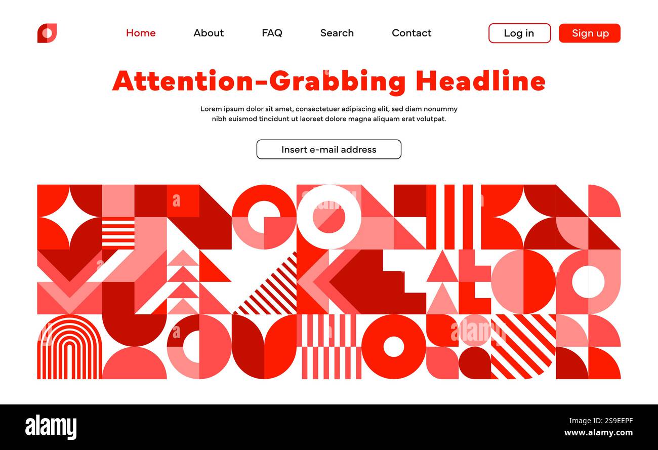 Valentines day landing page template with geometric shapes. Vector modern webpage layout, web ...