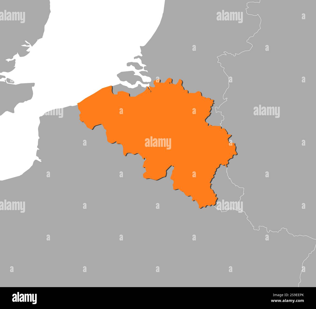 Map of Belgium and nearby countries, Belgium is highlighted in orange ...