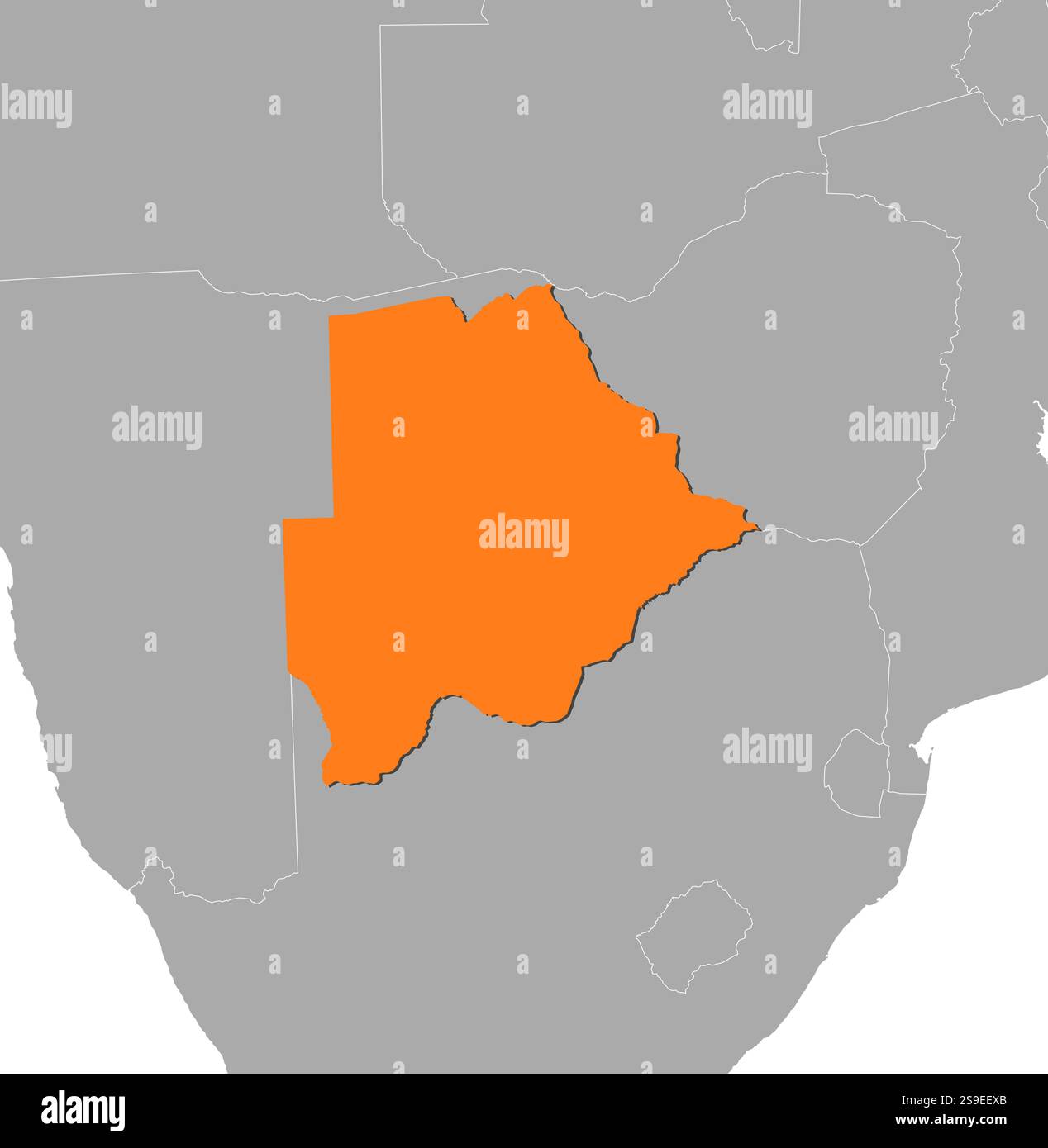 Map of Botswana and nearby countries, Botswana is highlighted in orange ...