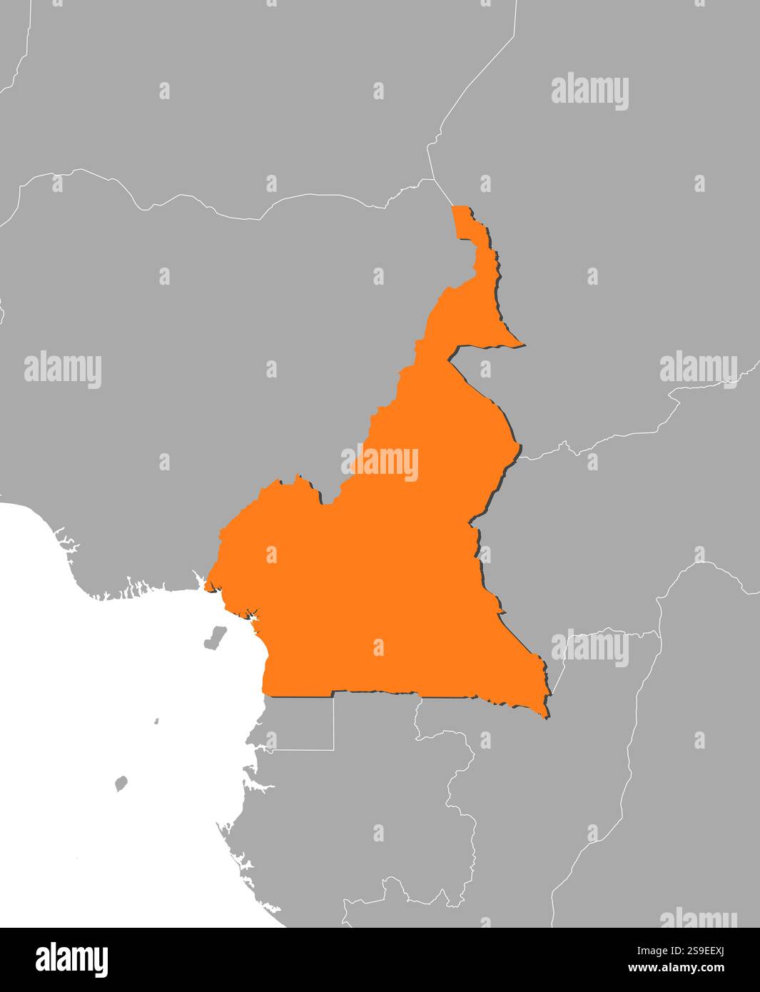 Map of Cameroon and nearby countries, Cameroon is highlighted in orange ...