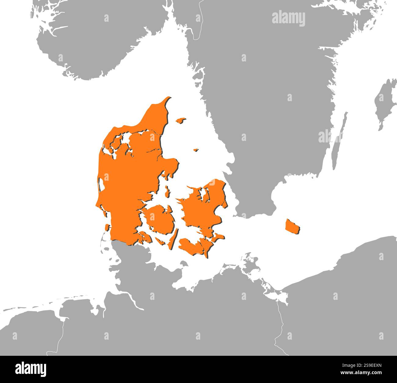 Map of Danmark and nearby countries, Danmark is highlighted in orange ...