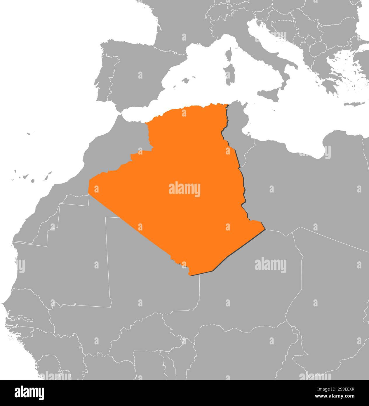 Map of Algeria and nearby countries, Algeria is highlighted in orange ...