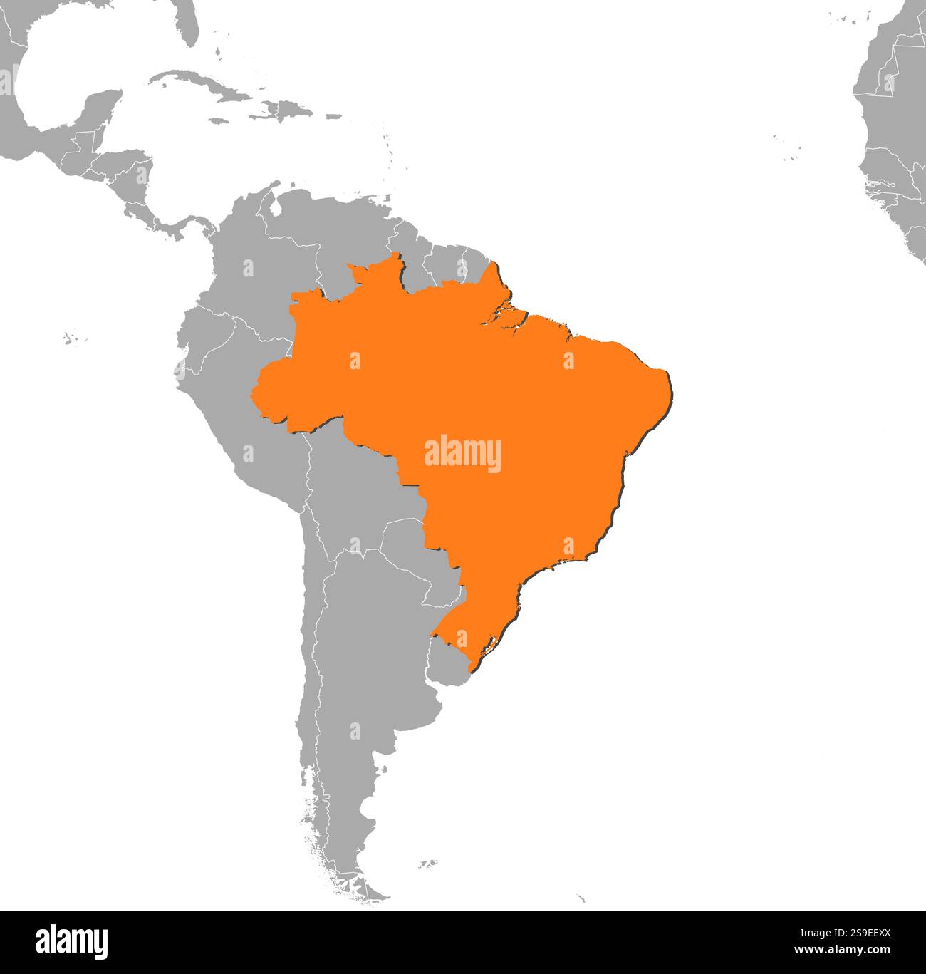 Map of Brazil and nearby countries, Brazil is highlighted in orange ...