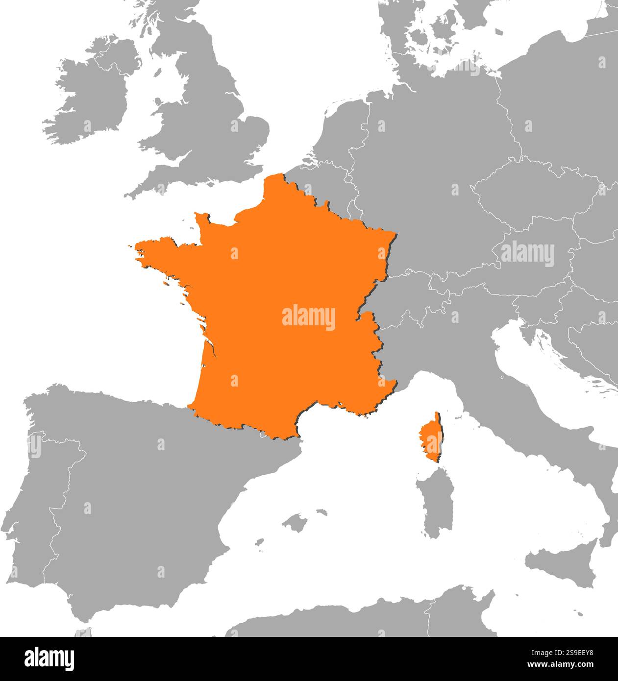 Map of France and nearby countries, France is highlighted in orange ...