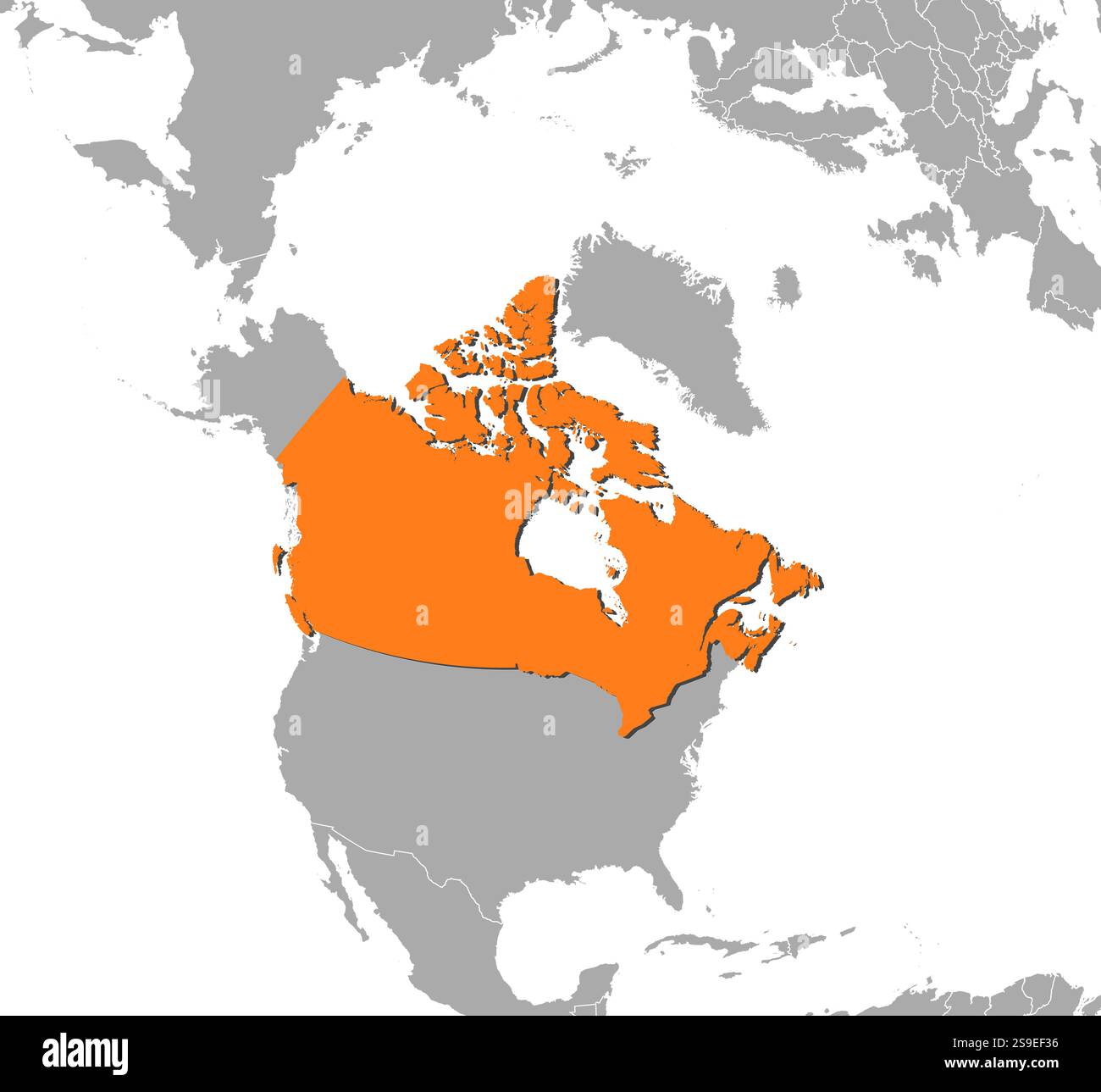Map of Canada and nearby countries, Canada is highlighted in orange ...