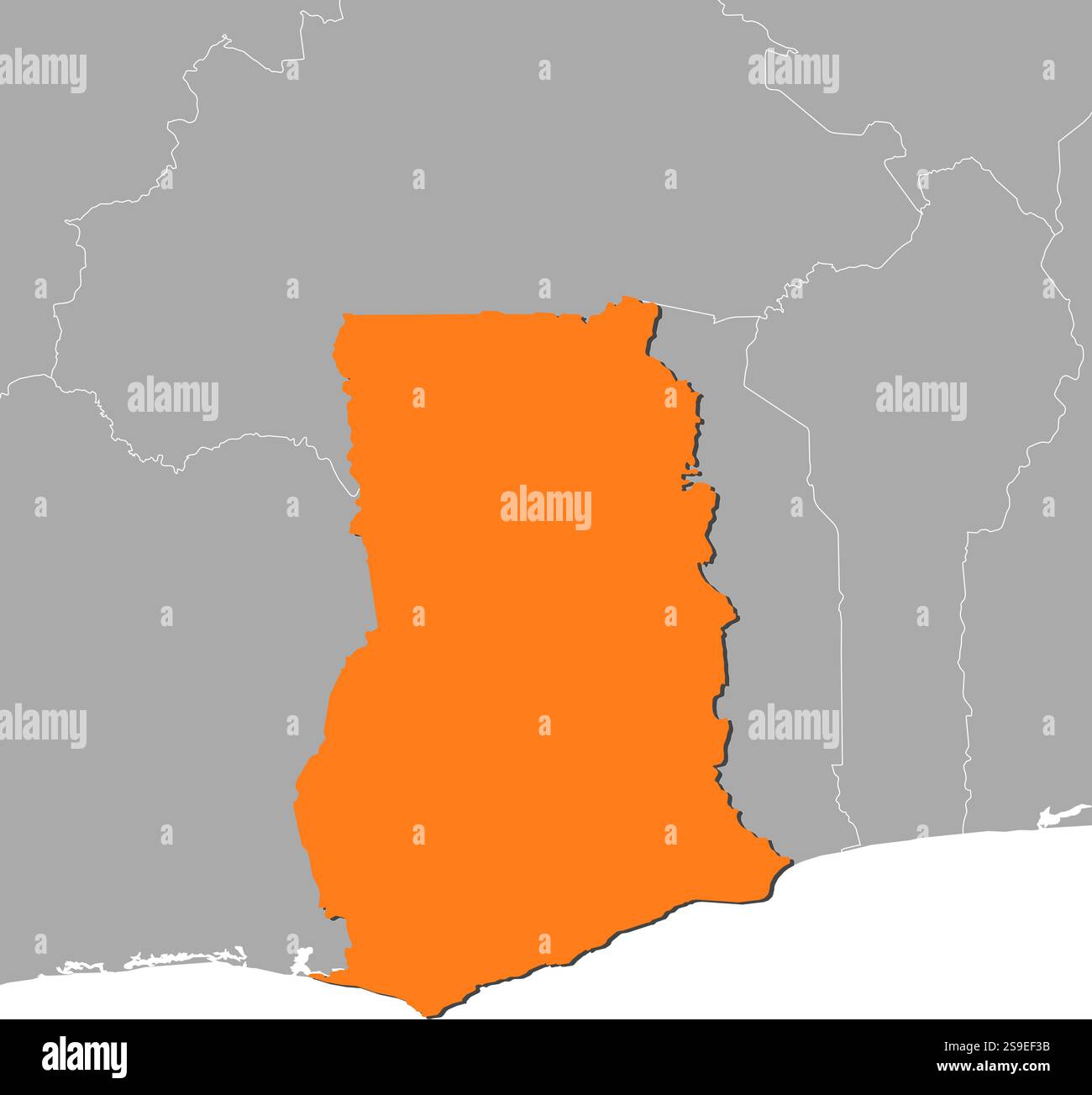 Map of Ghana and nearby countries, Ghana is highlighted in orange Stock ...