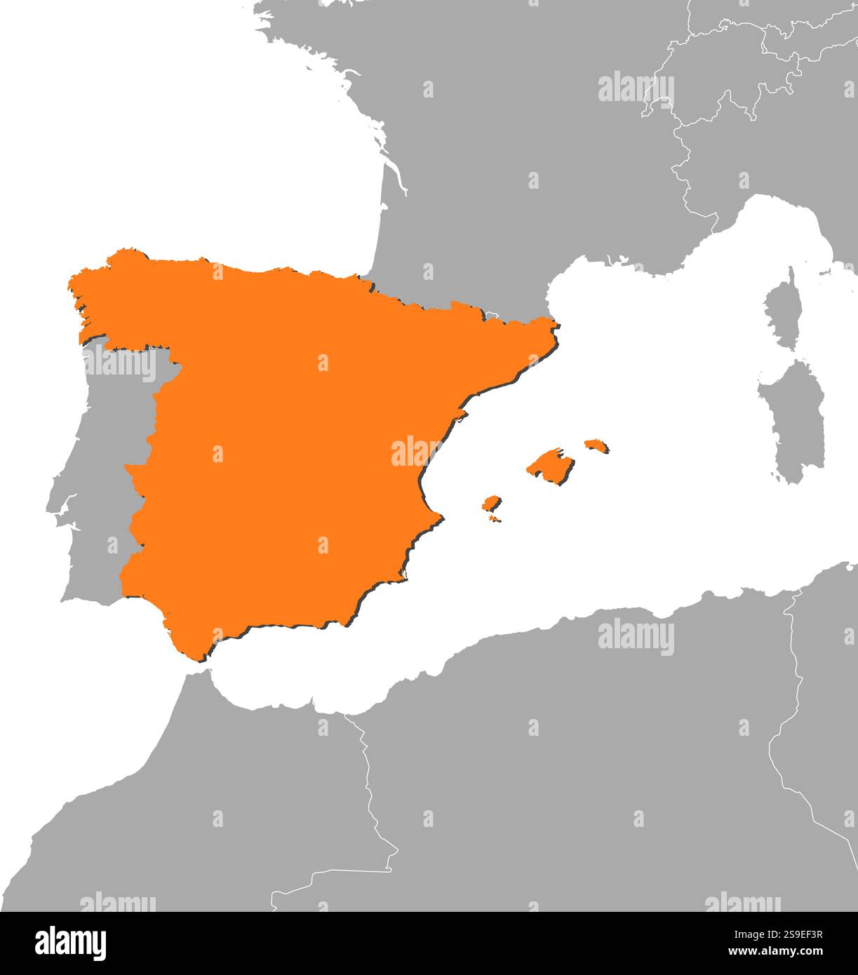 Map of Spain and nearby countries, Spain is highlighted in orange Stock ...