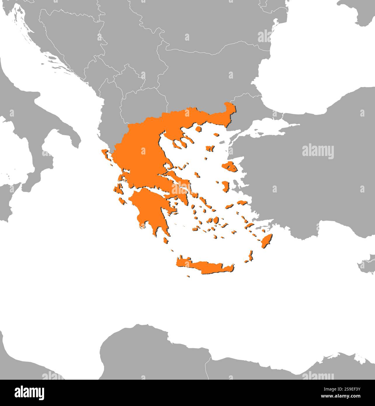 Map of Greece and nearby countries, Greece is highlighted in orange ...