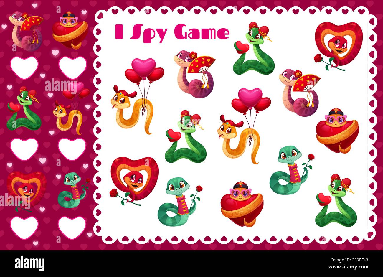 Valentines day snakes, I spy game worksheet. Vector kids riddle with ...