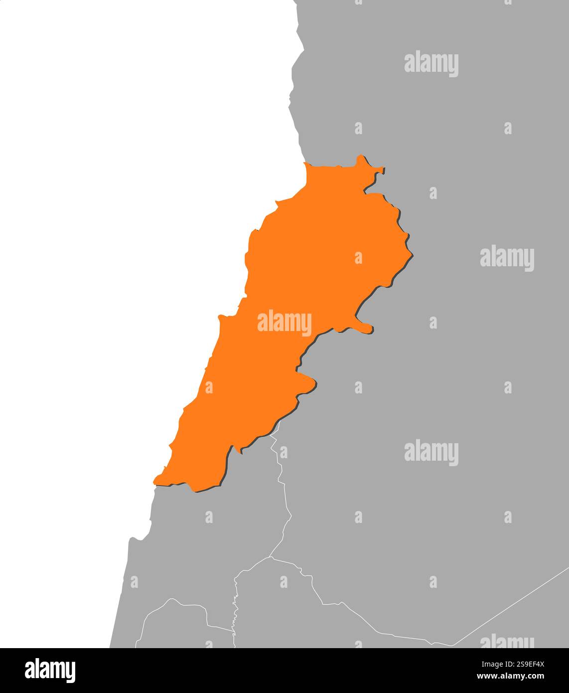 Map of Lebanon and nearby countries, Lebanon is highlighted in orange ...