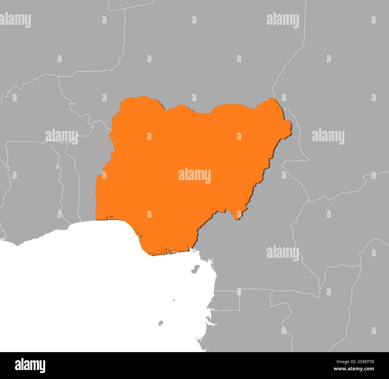 Map of Nigeria and nearby countries, Nigeria is highlighted in orange ...