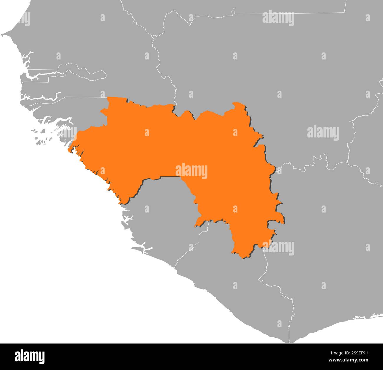 Map of Guinea and nearby countries, Guinea is highlighted in orange ...
