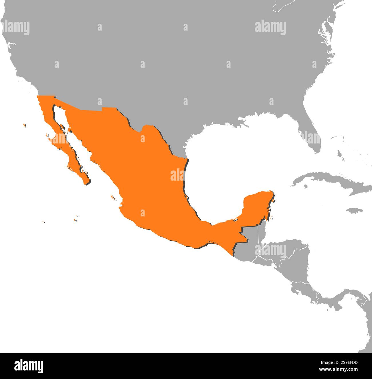 Map of Mexico and nearby countries, Mexico is highlighted in orange ...