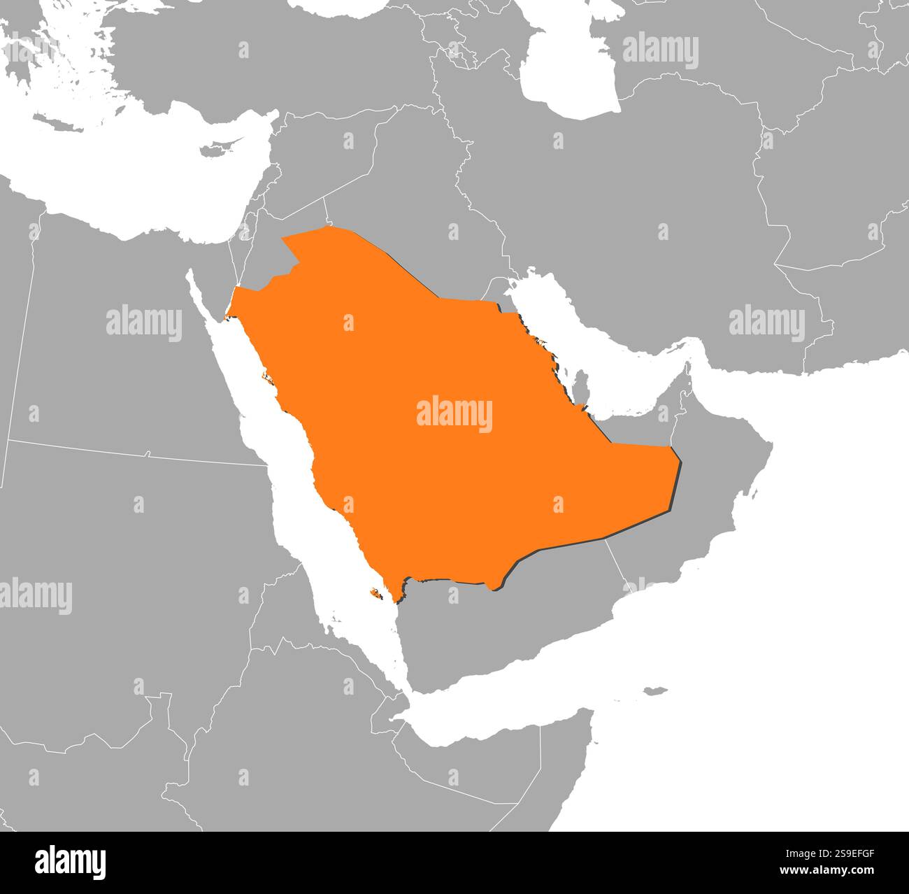 Map of Saudi Arabia and nearby countries, Saudi Arabia is highlighted ...