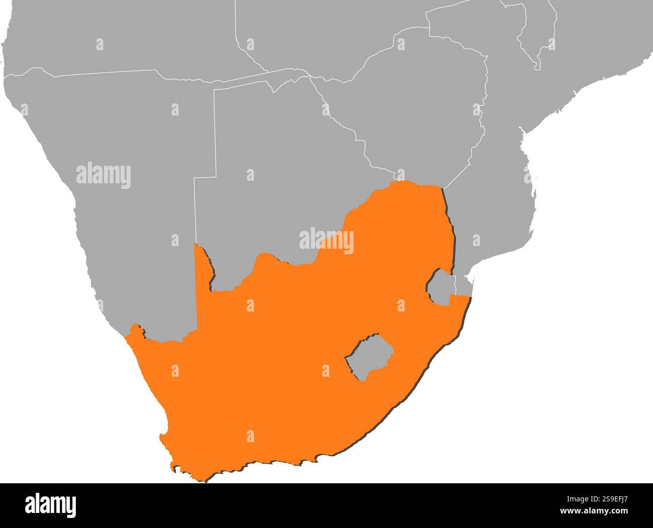 Map of South Africa and nearby countries, South Africa is highlighted ...