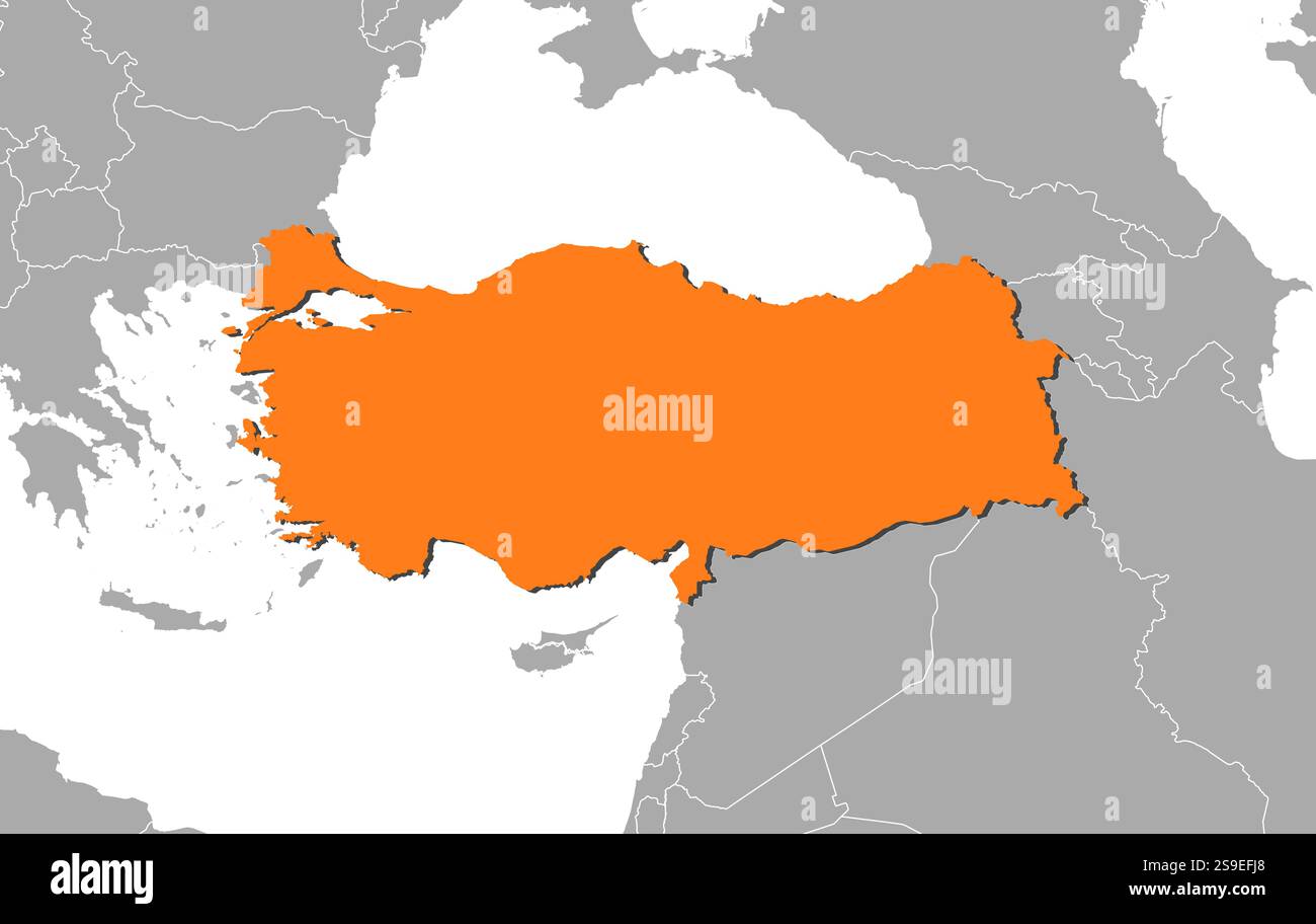 Map of Turkey and nearby countries, Turkey is highlighted in orange ...