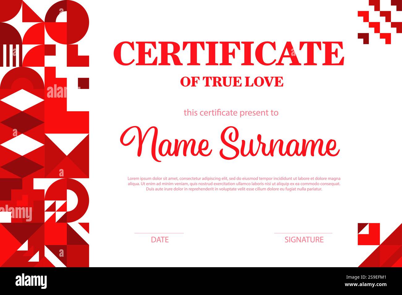Valentines day true love diploma certificate, geometric shapes and bold ...