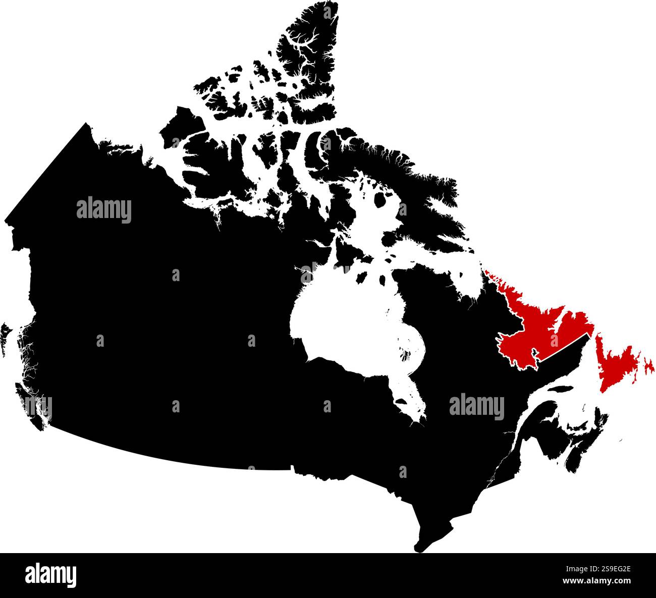 Map of Canada in black, Newfoundland and Labrador is highlighted in red ...