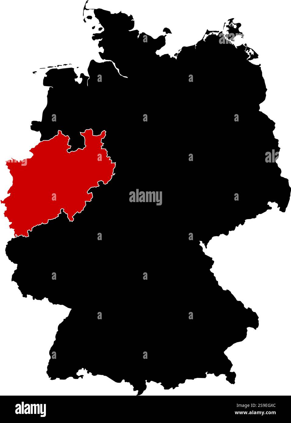 Map of Germany in black, North Rhine-Westphalia is highlighted in red ...