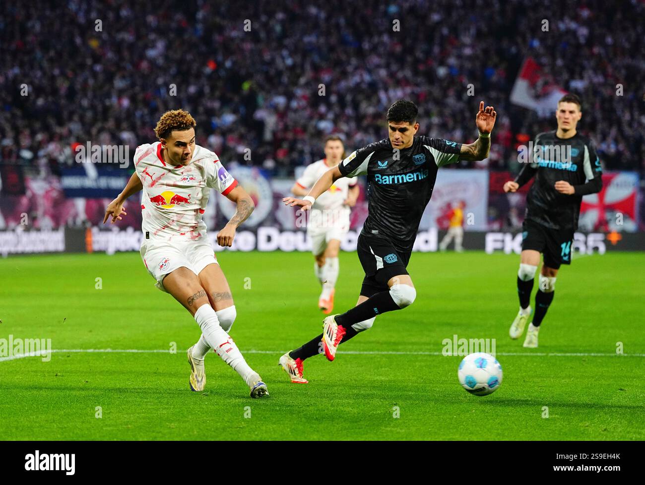 January 25 2025: Antonio Nusa (RB Leipzig) controls the ball during a 1 ...