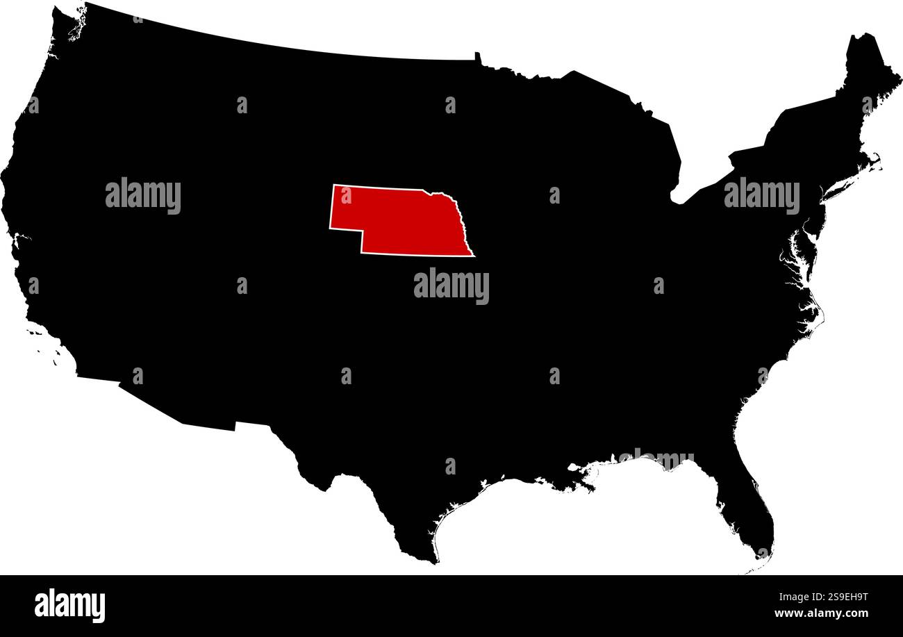 Map of United States in black, Nebraska is highlighted in red Stock ...