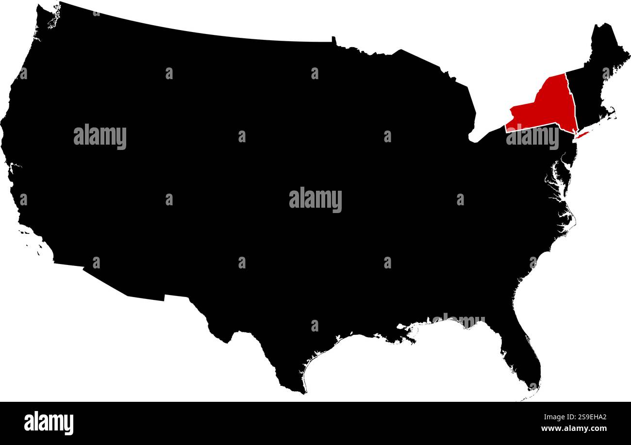 Map of United States in black, New York is highlighted in red Stock ...
