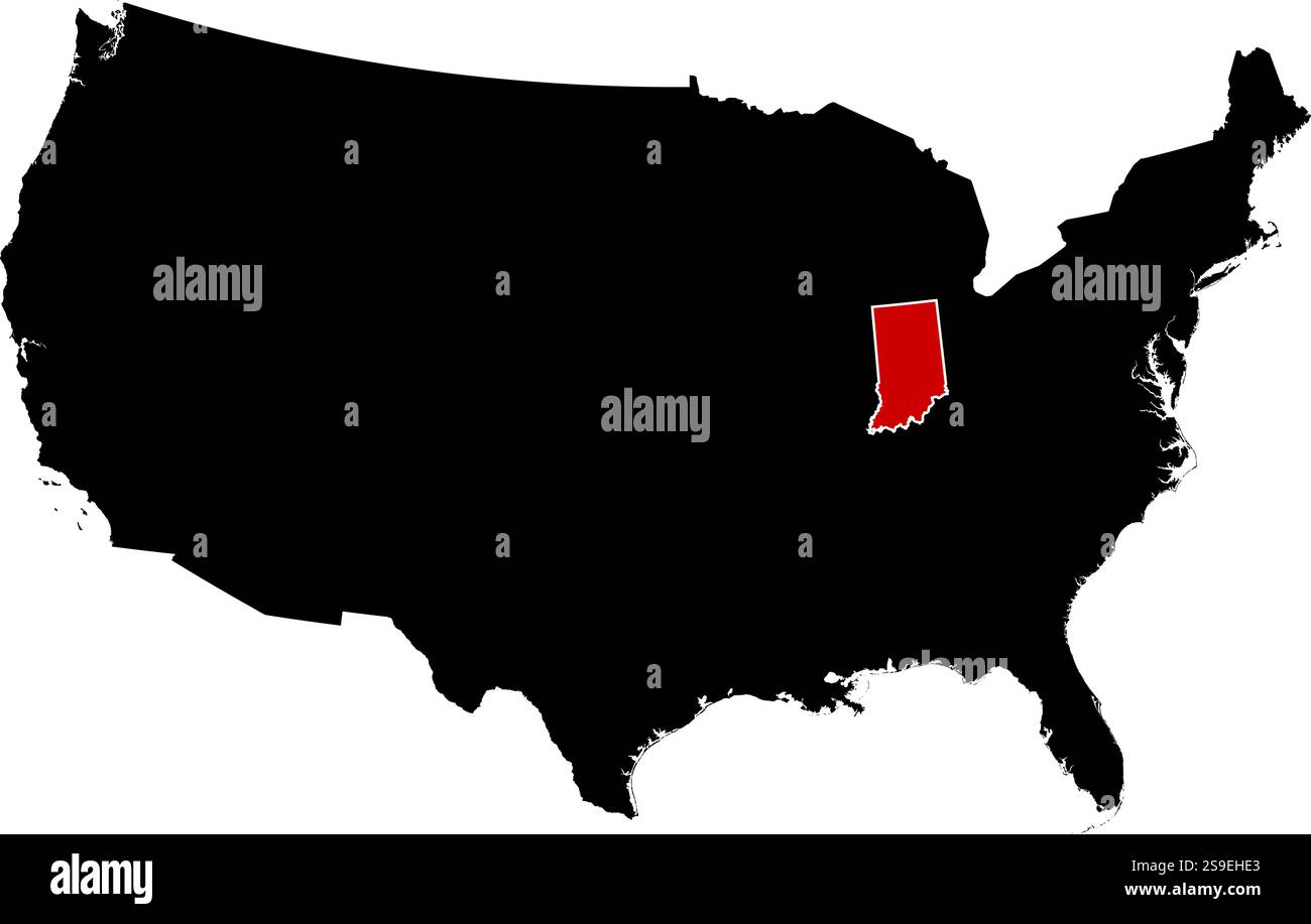 Map of United States in black, Indiana is highlighted in red Stock ...