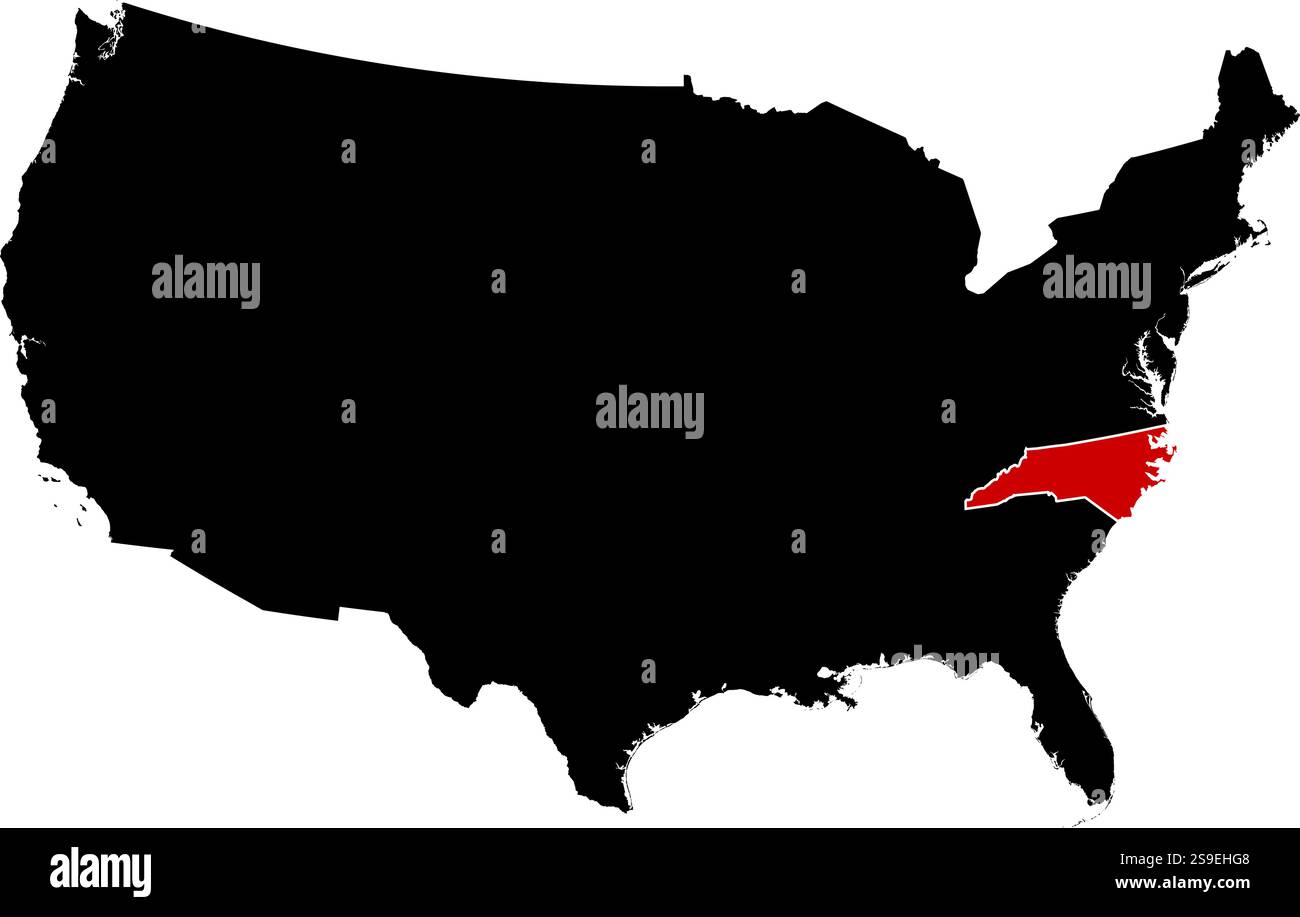Map of United States in black, North Carolina is highlighted in red ...