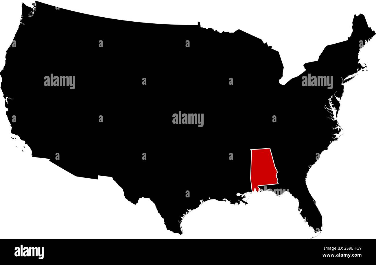 Map of United States in black, Alabama is highlighted in red Stock ...