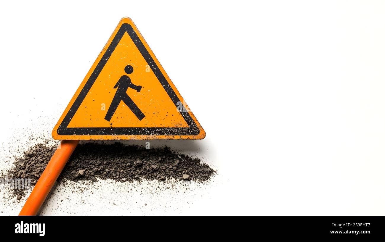 Bright orange road construction warning sign with symbolic pedestrian ...