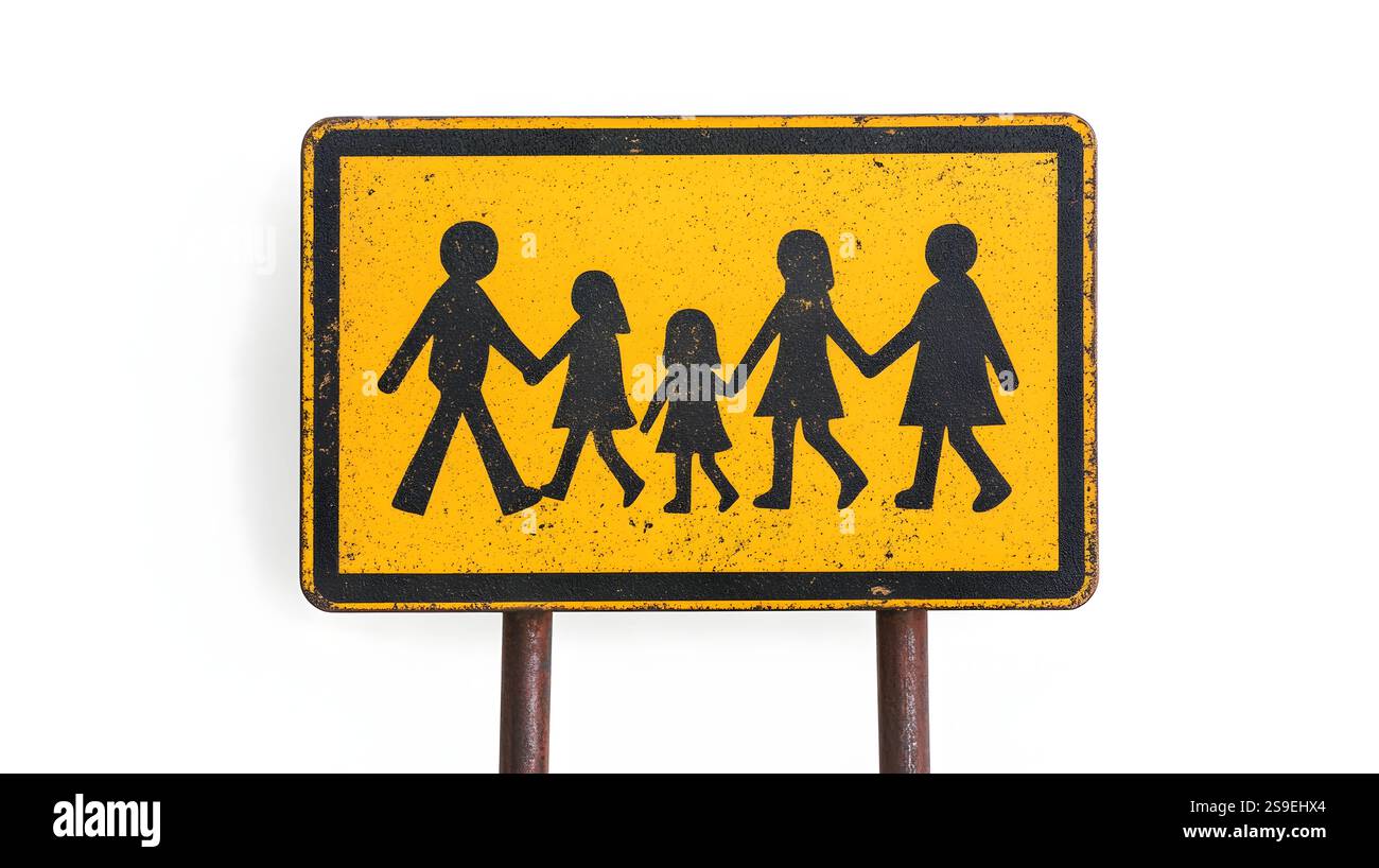 School crossing sign overlaid with silhouettes of children walking hand ...