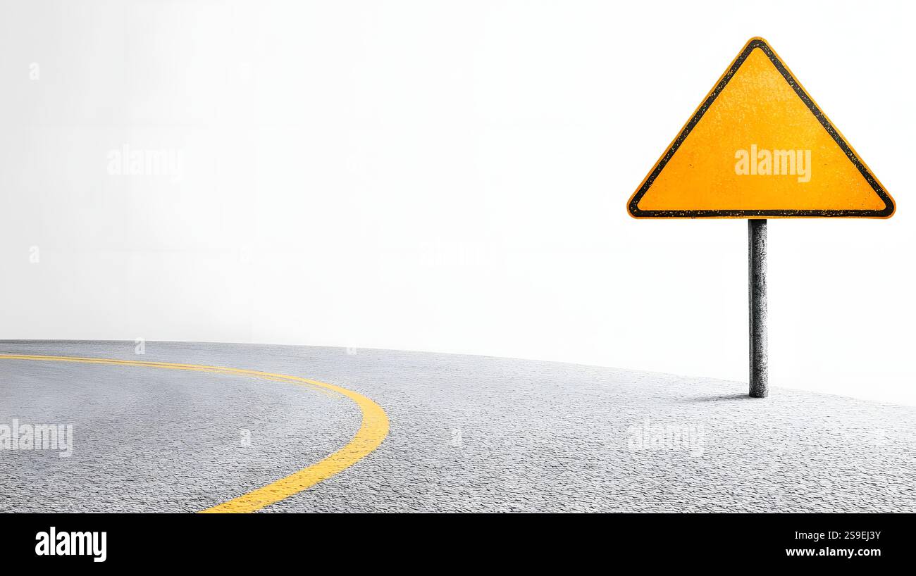 Blended image of a sharp yellow turn warning sign combined with an ...