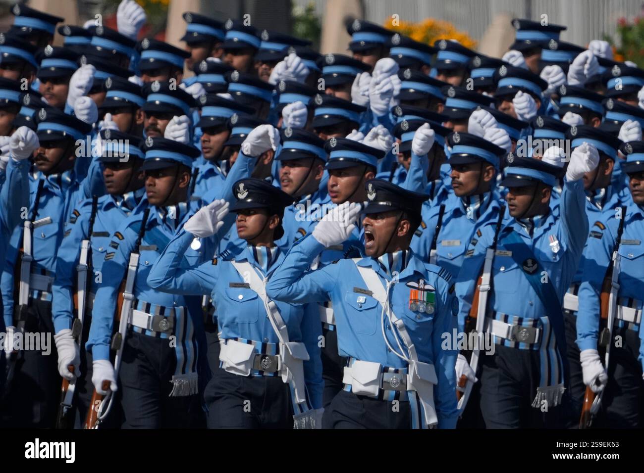 Indian defense forces march through the ceremonial Kartavya Path ...