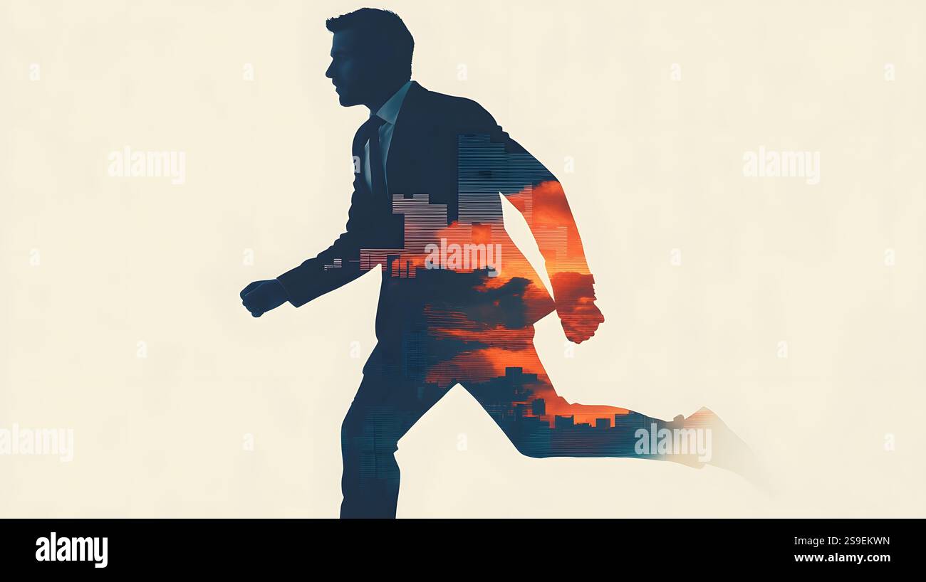 Double exposure image of a silhouetted businessman mid-stride,overlaid ...