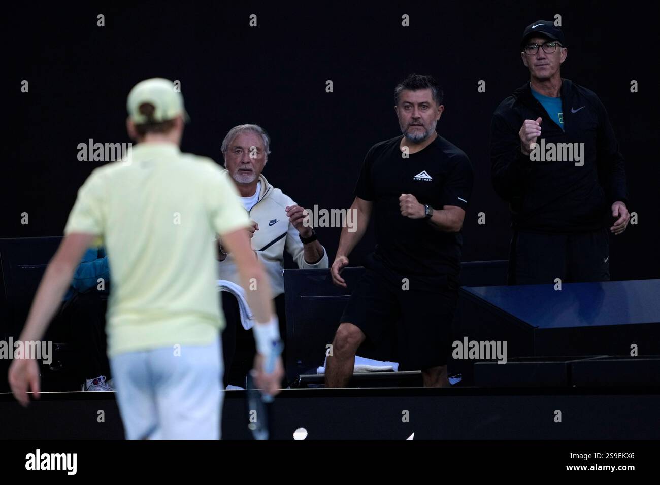 Coaching staff for Jannik Sinner of Italy reacts during the men's ...