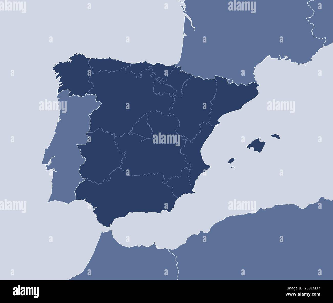 Map of Spain and nearby countries, Spain is highlighted Stock Vector ...