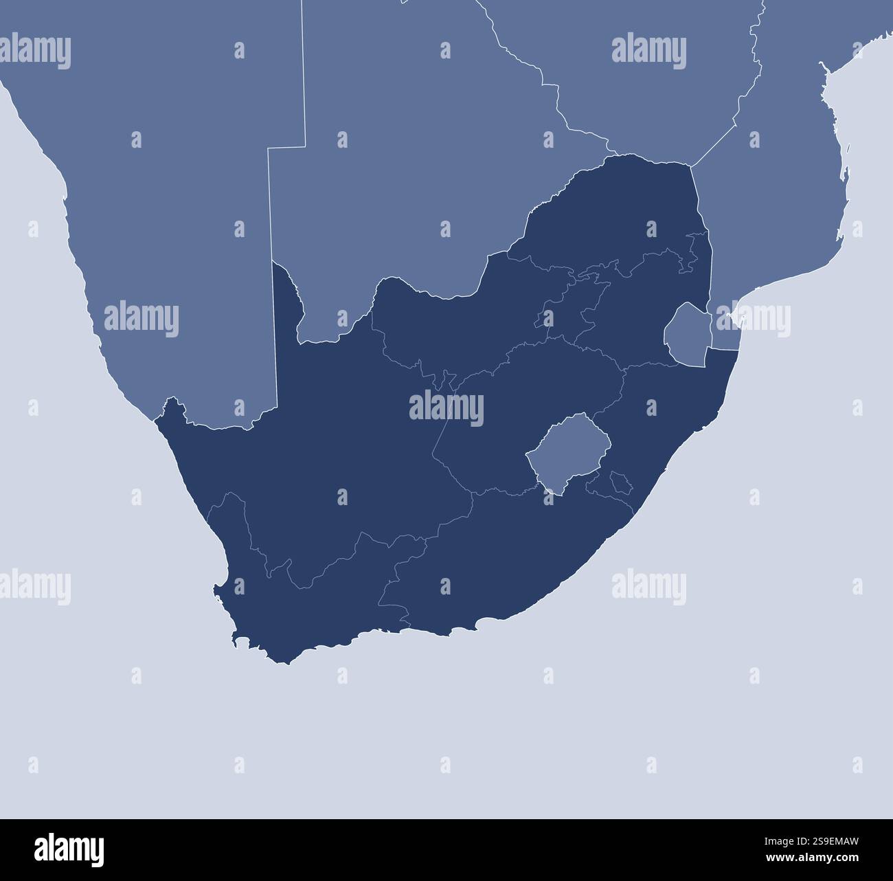 Map of South Africa and nearby countries, South Africa is highlighted ...