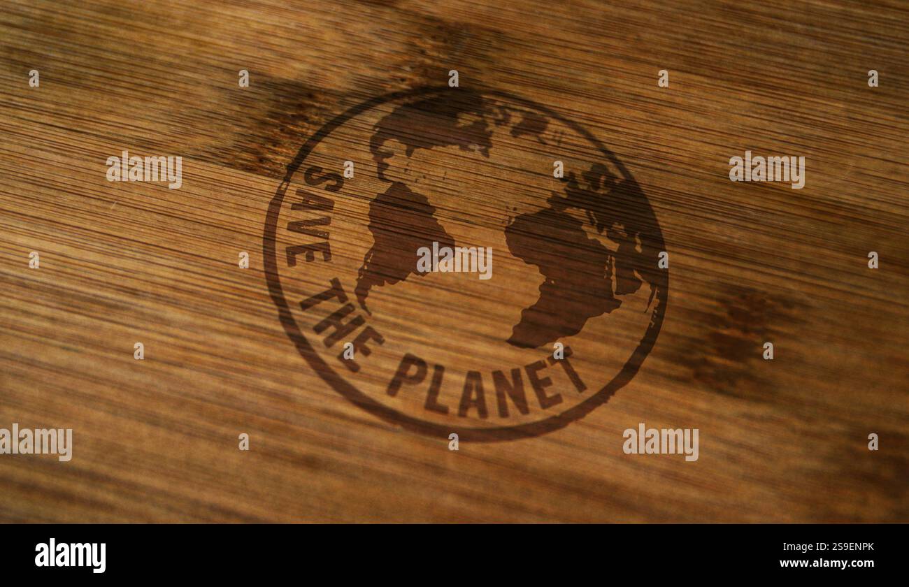 Save the planet stamp printed on wooden box. World environment ...