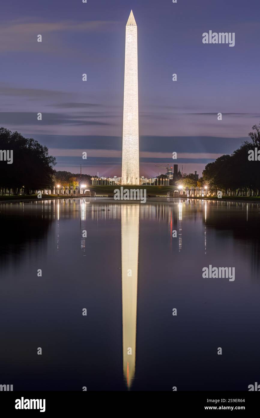 The Washington Monument at night reflected in the famous reflecting ...