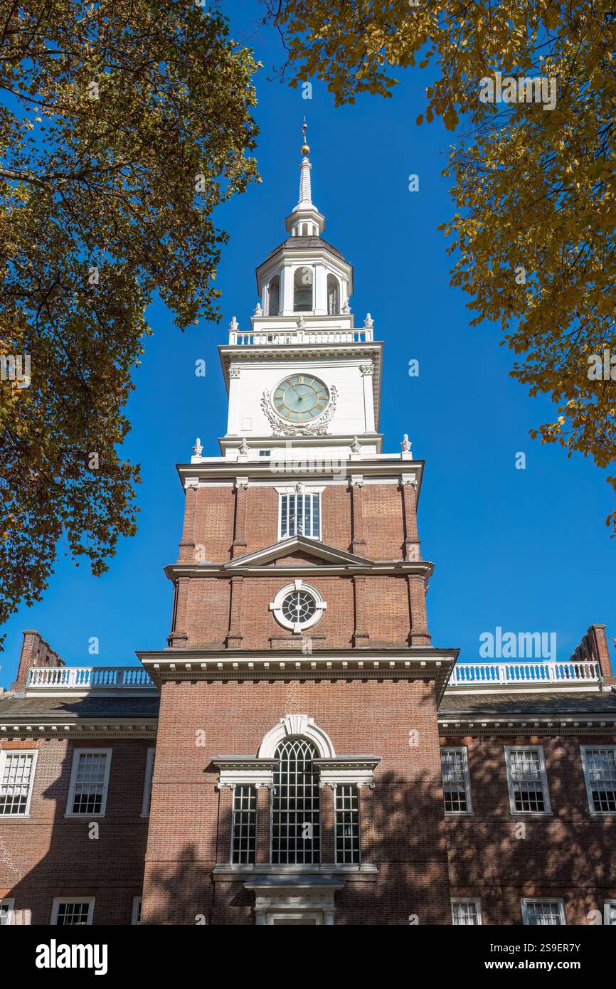 The tower of the Independence Hall in Philadelphia seen through some ...