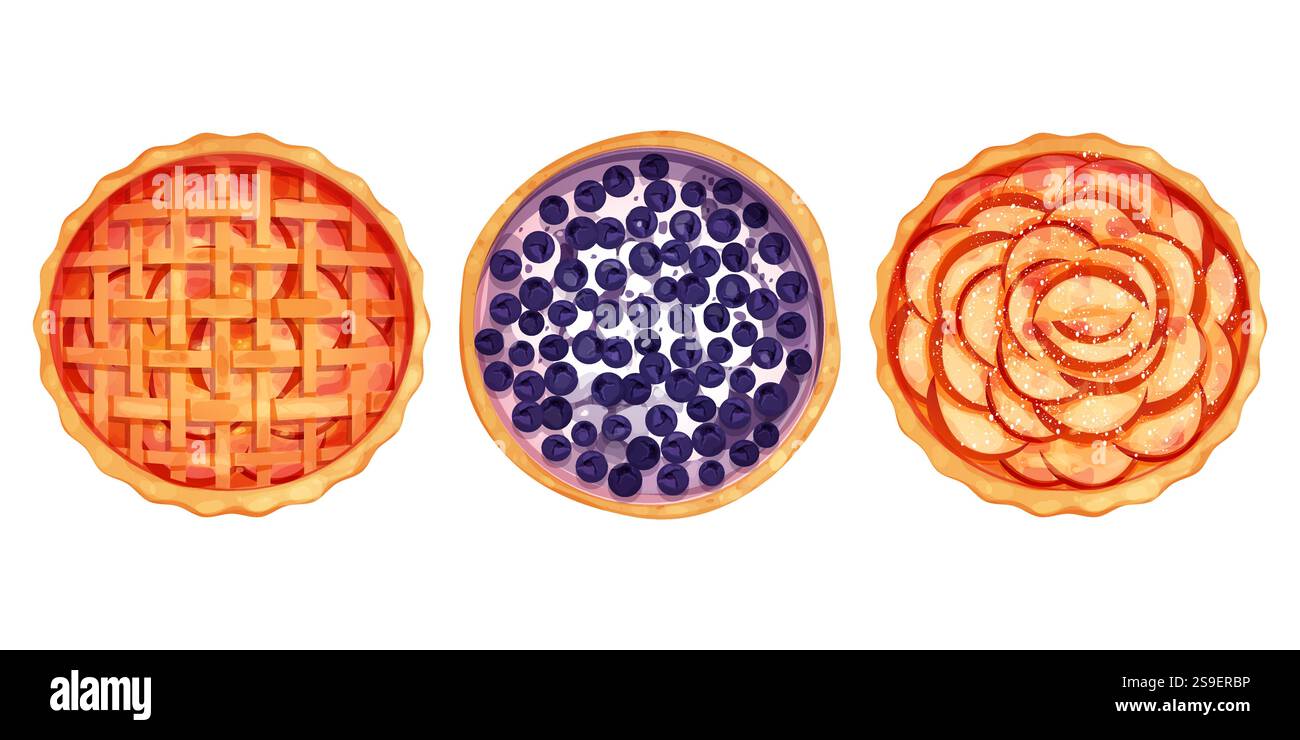 Set Homemde pie, tart top view whole round bakery, dessert in cartoon style isolated on white ...