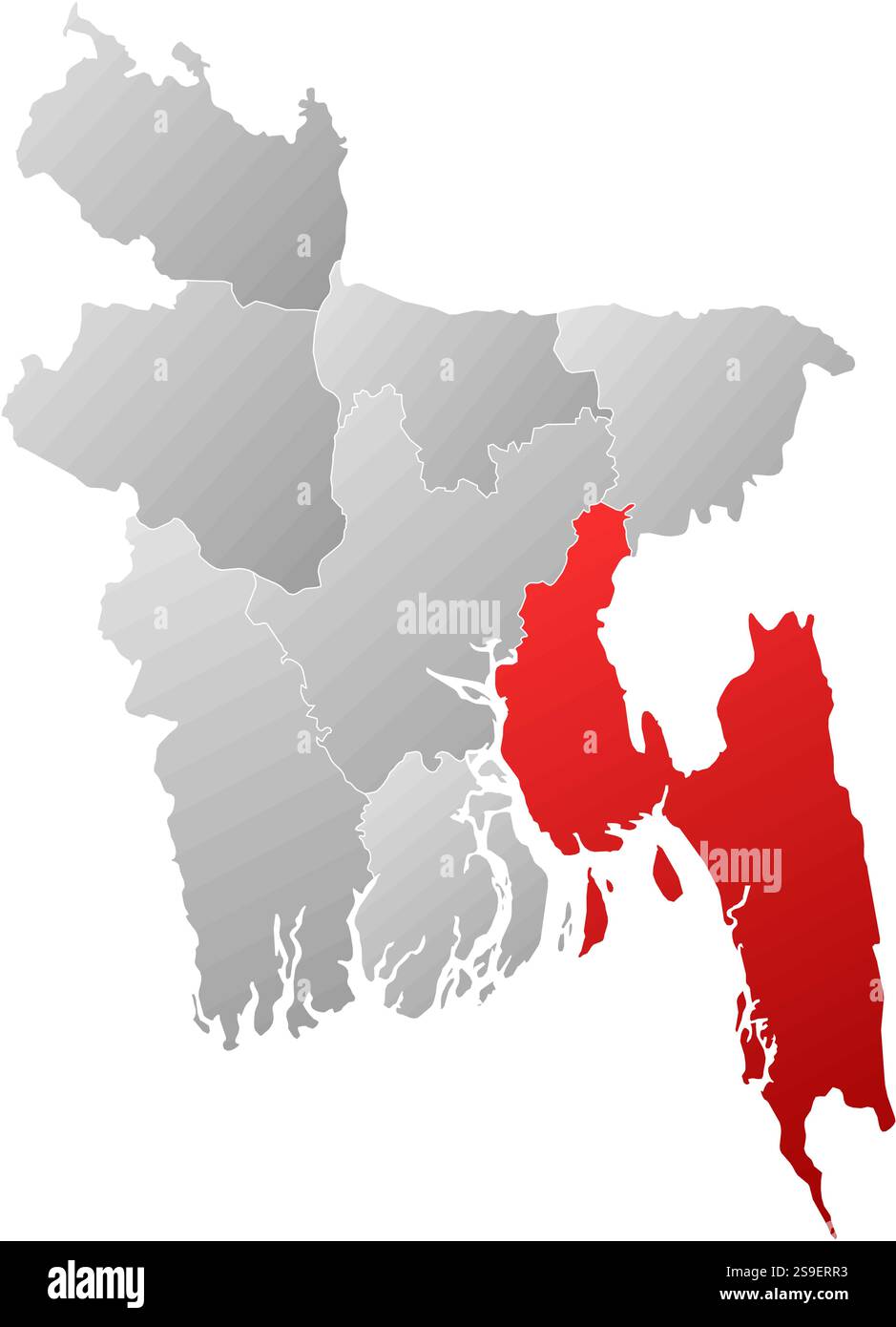 Map of Bangladesh with the provinces, filled with a linear gradient ...