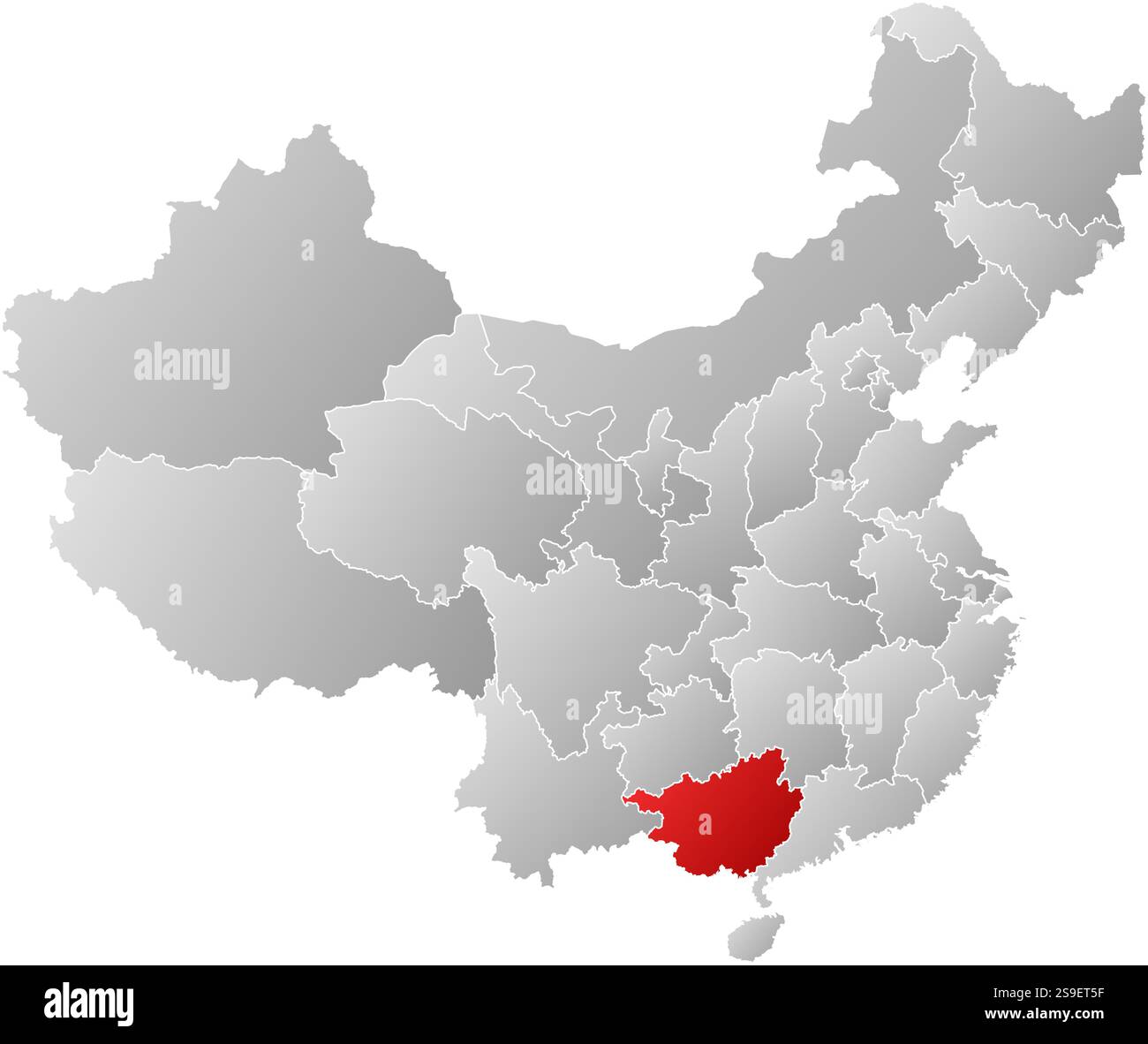 Map of China with the provinces, filled with a linear gradient, Guangxi ...