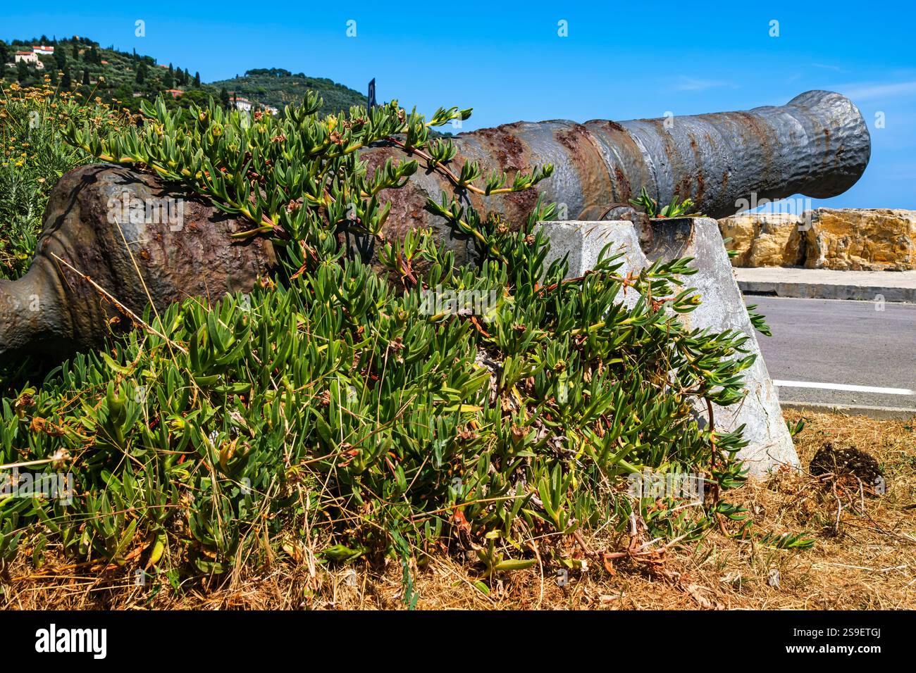 Old historic rusty cannon on the Long Pier in the Oneglia district of ...