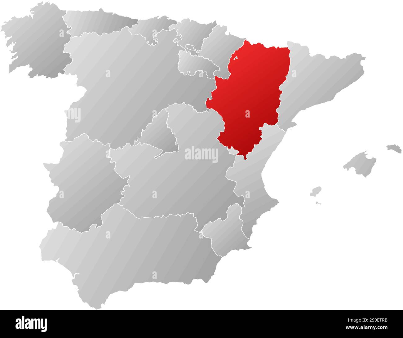 Map of Spain with the provinces, filled with a linear gradient, Aragon is highlighted Stock ...